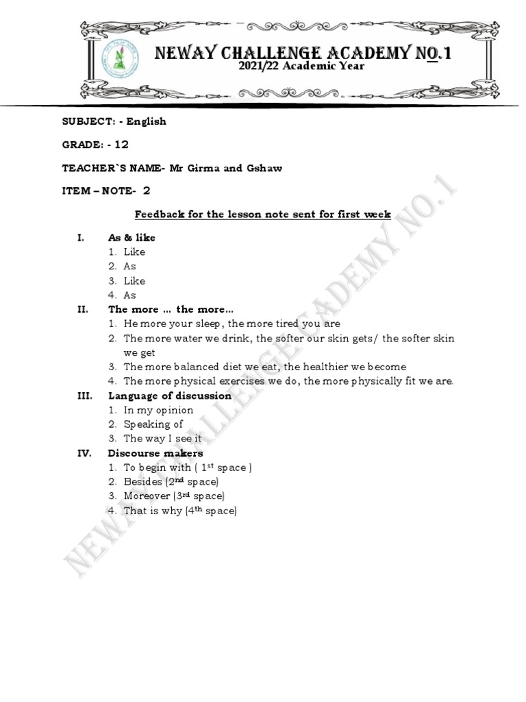 Grade 12 English Lesson Notes | PDF | Word | Grammatical Tense