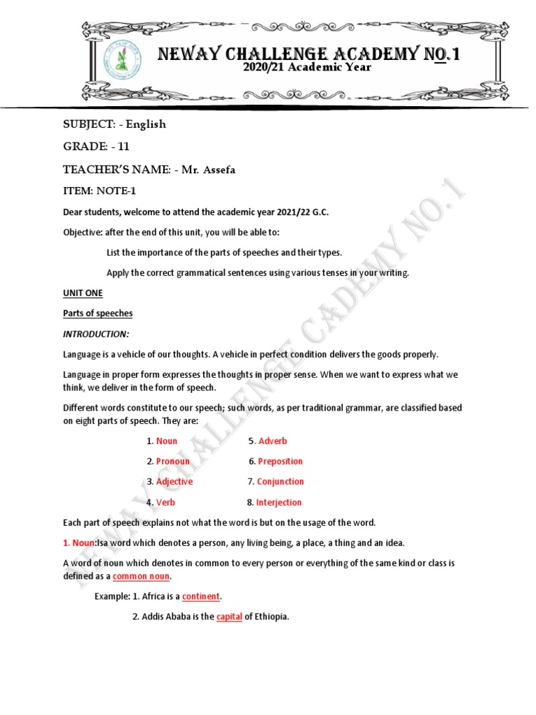 English Grade 11 Note 1 | PDF | Verb | Part Of Speech