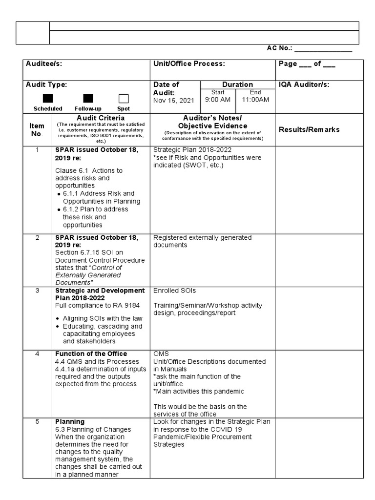 Audit Checklist 1 | PDF | Audit | Quality Management System
