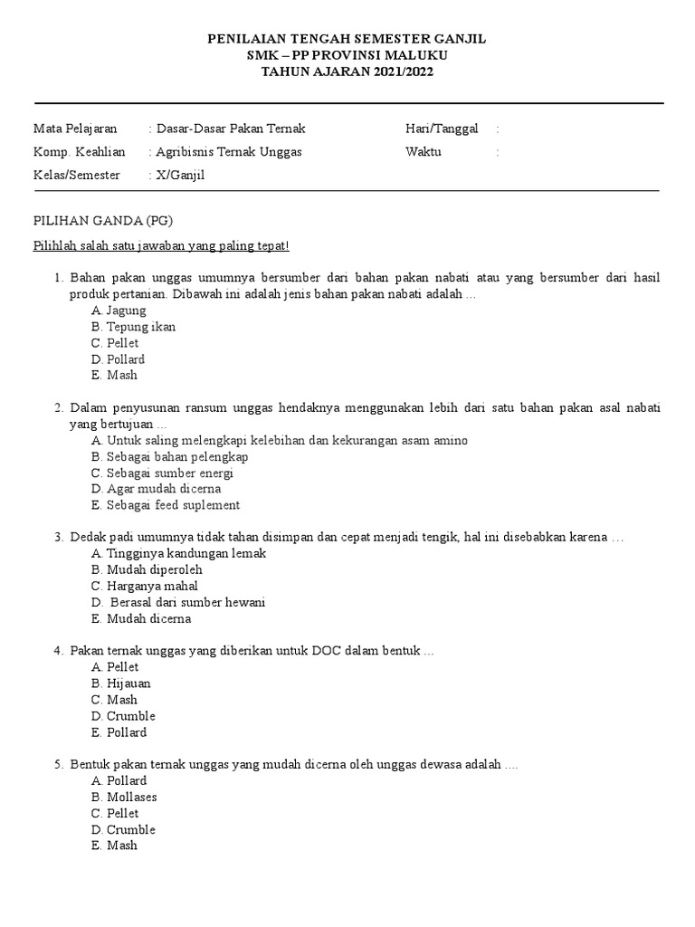 PTS Dasar-Dasar Pakan Ternak KLS X Atu | PDF