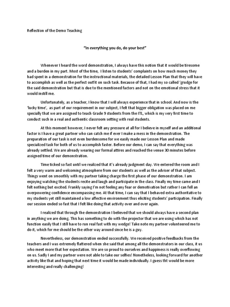 Reflection of The Demo Teaching | PDF | Lesson Plan | Learning
