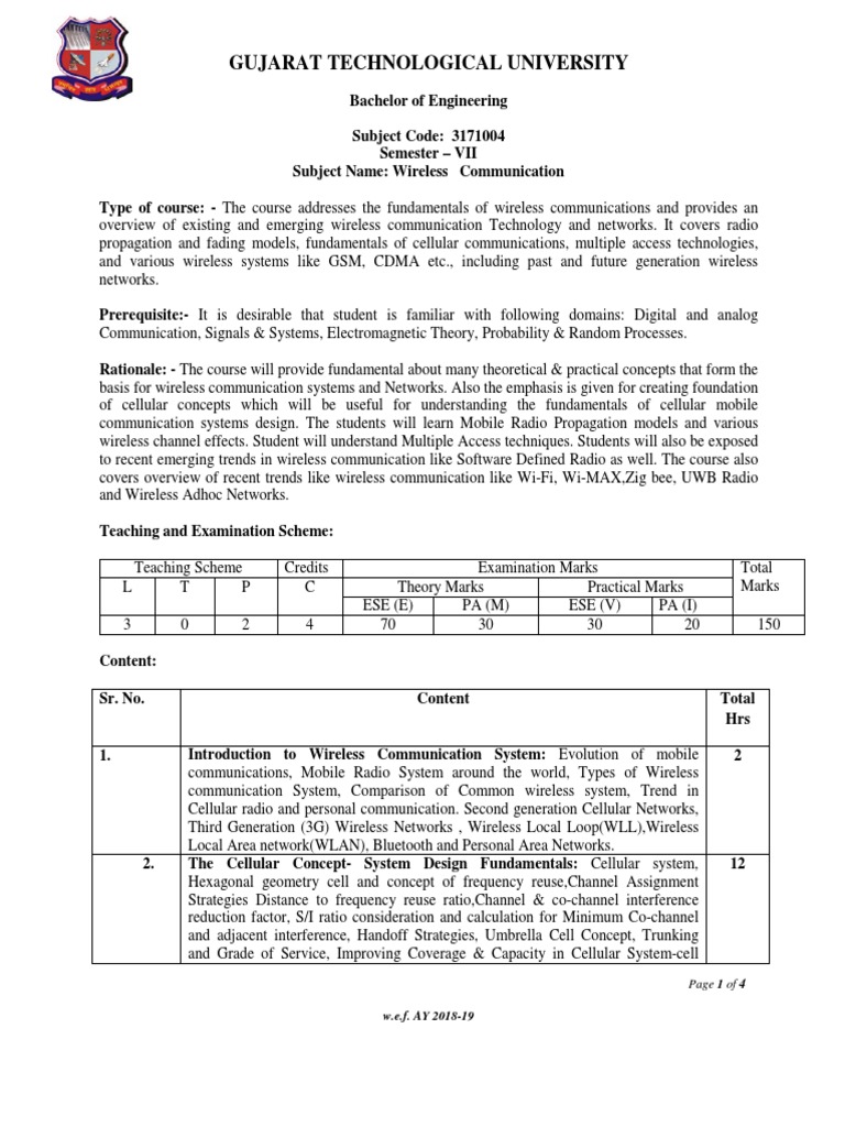 Gujarat Technological University: W.E.F. AY 2018-19 | PDF | Cellular Network | Channel Access Method
