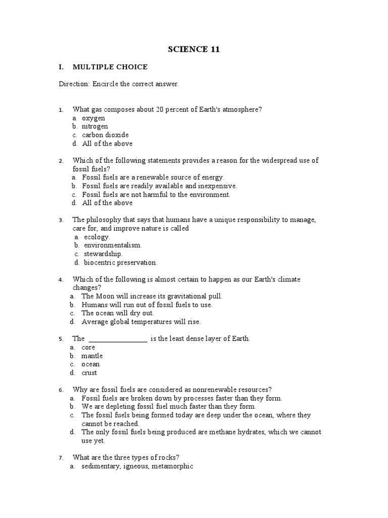 SCIENCE 11 Formative Assessment | PDF | Earth | Fuels