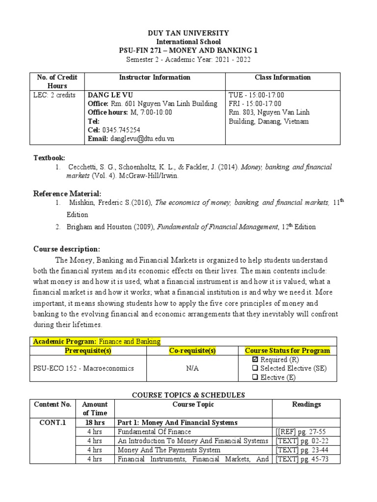Money and Banking Course Syllabus | PDF | Money | Economies