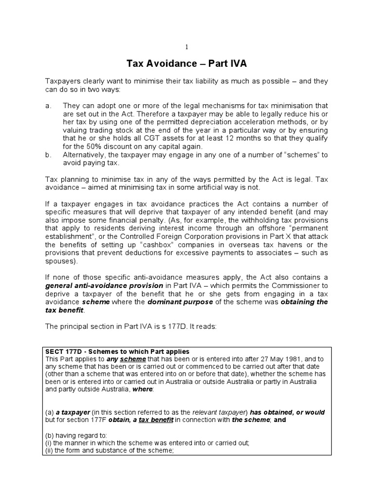 Tax Avoidance - Part IVA: General Anti-Avoidance Provision in Part IVA ...