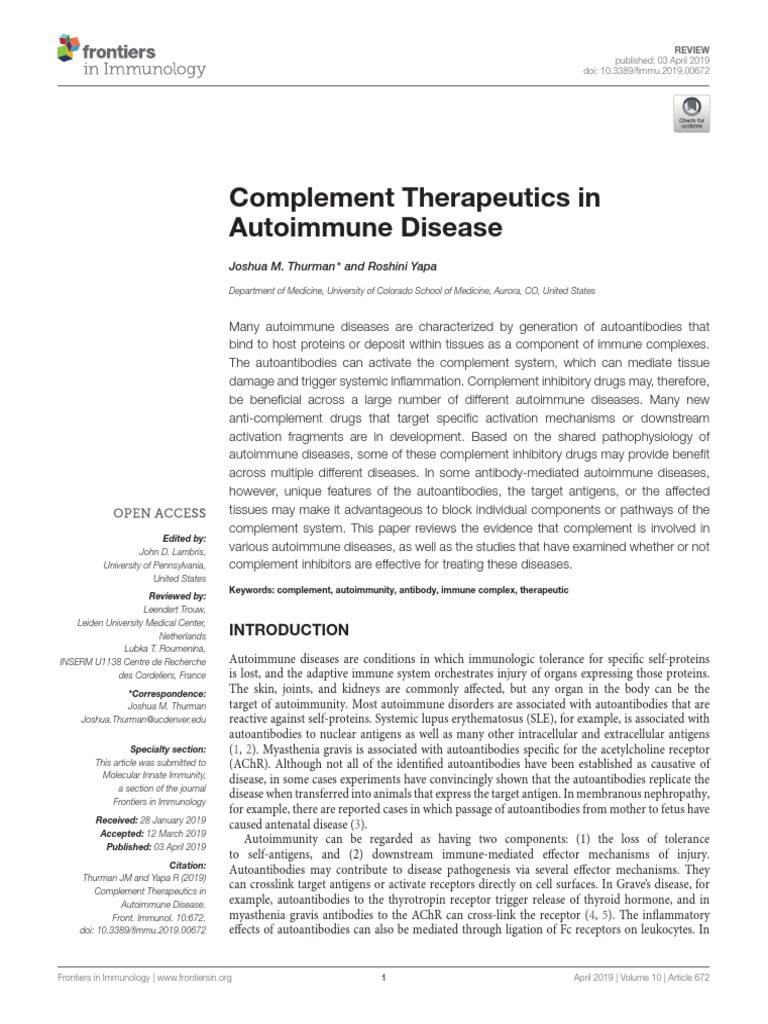 Complement Therapeutics in Autoimmune Disease: Joshua M. Thurman and Roshini Yapa | PDF ...