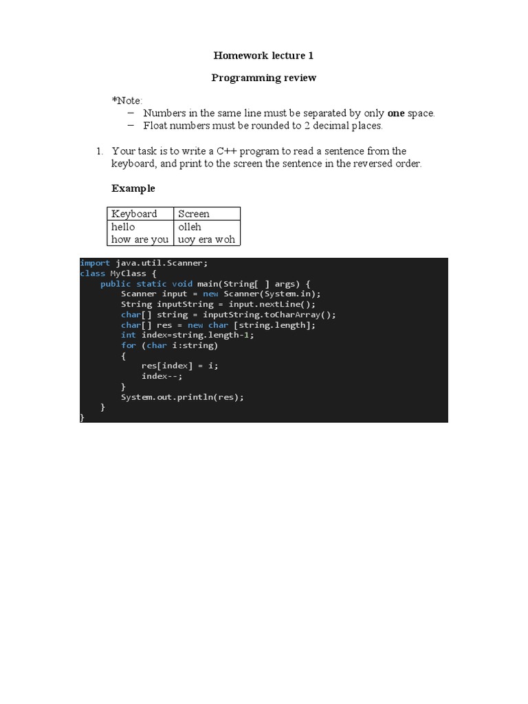 Homework Lecture 1 Programming Review: Import Class Public Static Void New Char Char New Char ...