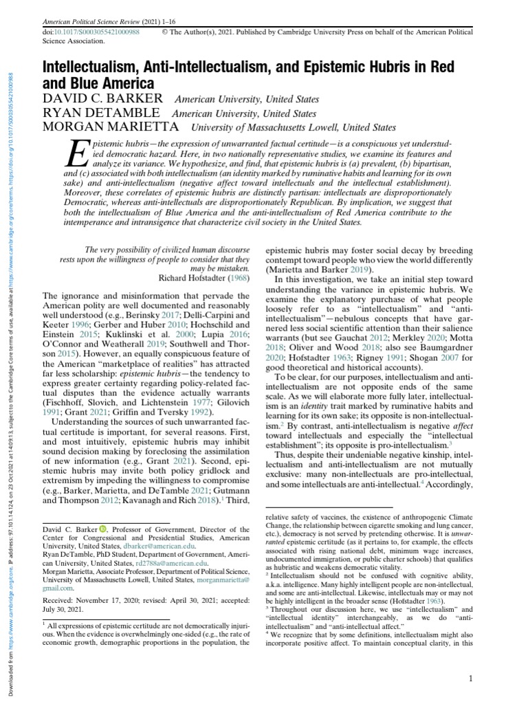 Intellectualism Anti Intellectualism and Epistemic Hubris in Red and ...