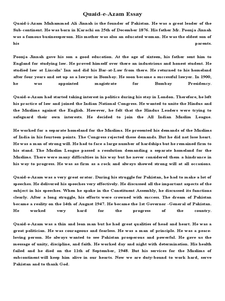 Quaid-e-Azam Essay | PDF | Muhammad Ali Jinnah | Pollution