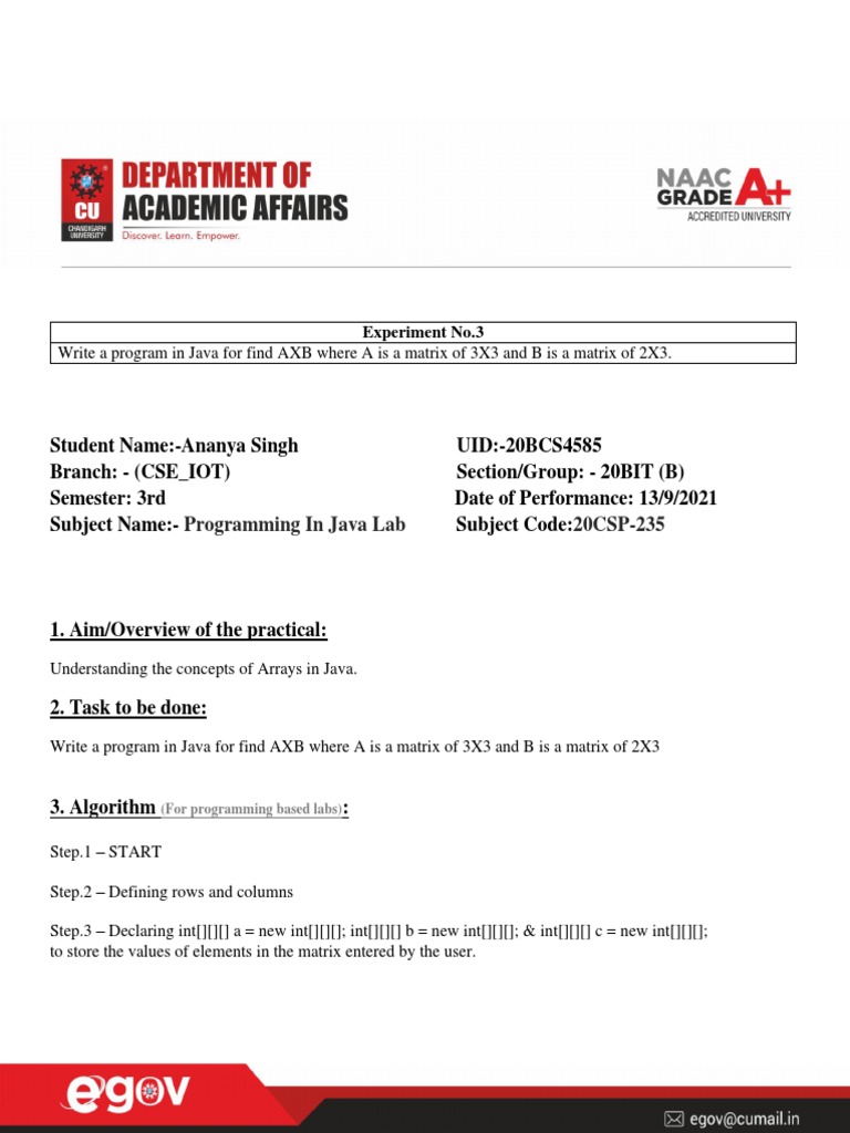 20BCS4585 - ANANYA SINGH - JAVA Worksheet-3 | PDF | Matrix (Mathematics ...