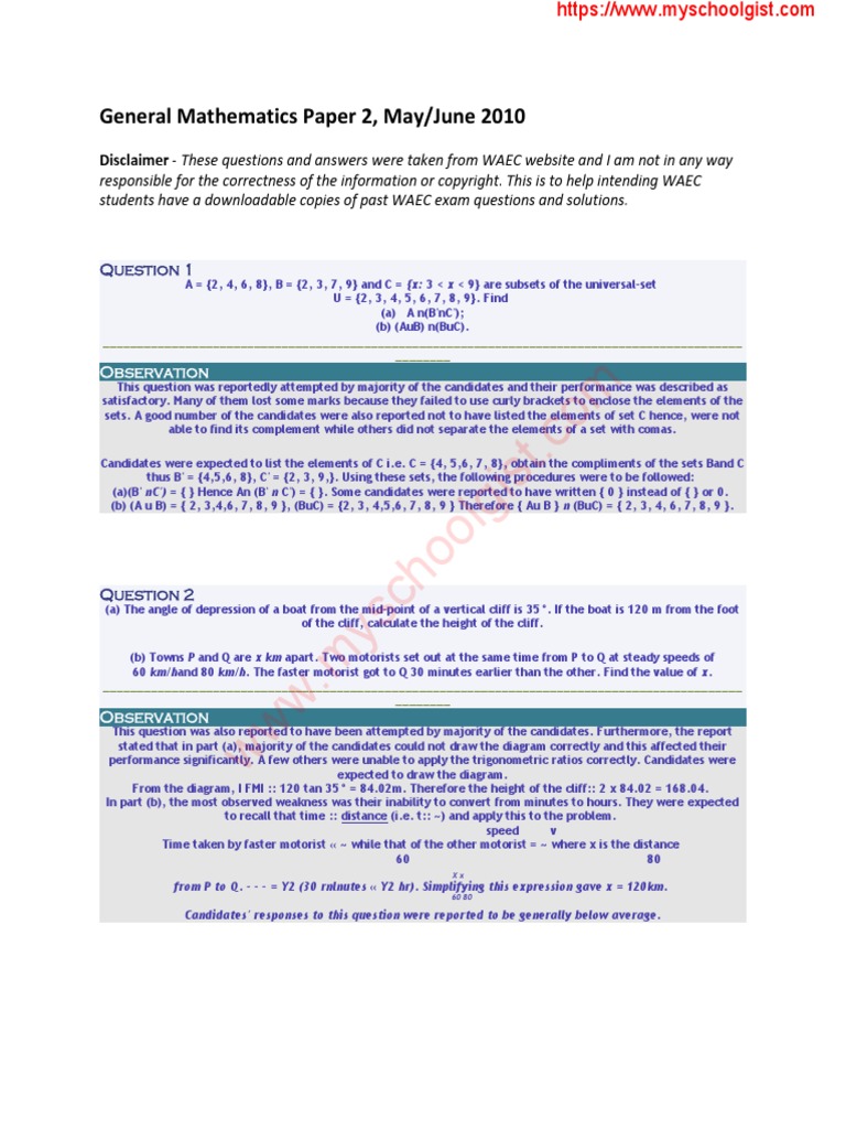 Waec Mathematics Past Questions and Answers May June 2010 | PDF | Area ...
