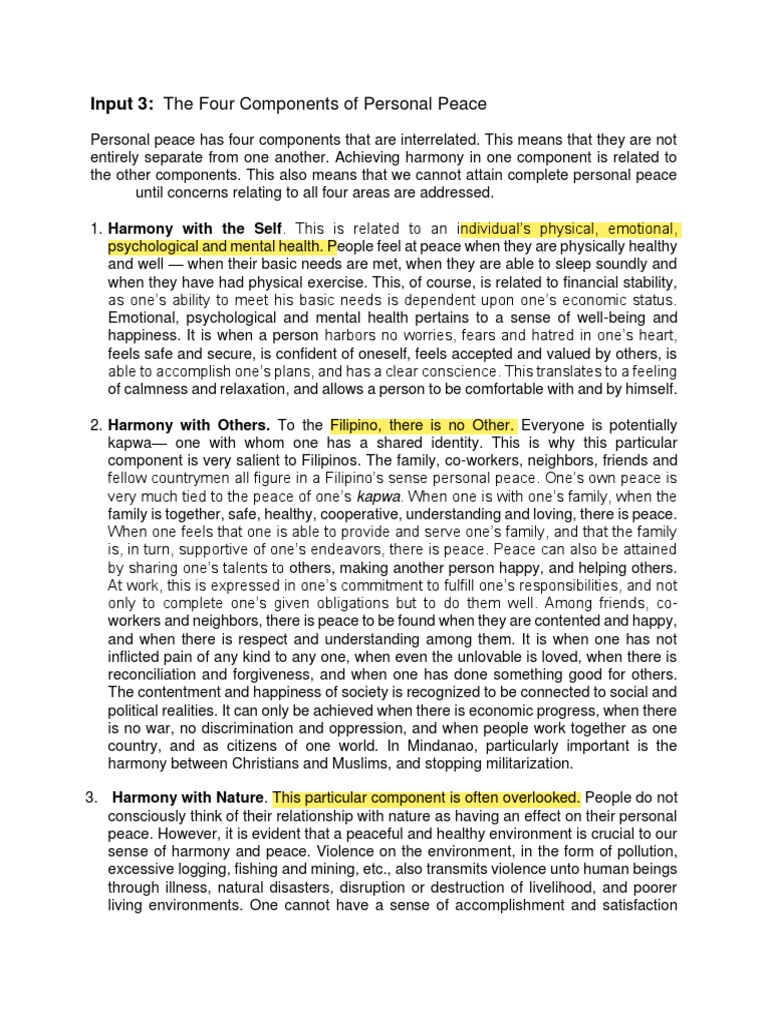 Input 3 The Four Components of Personal Peace | PDF | Peace | Mental Health