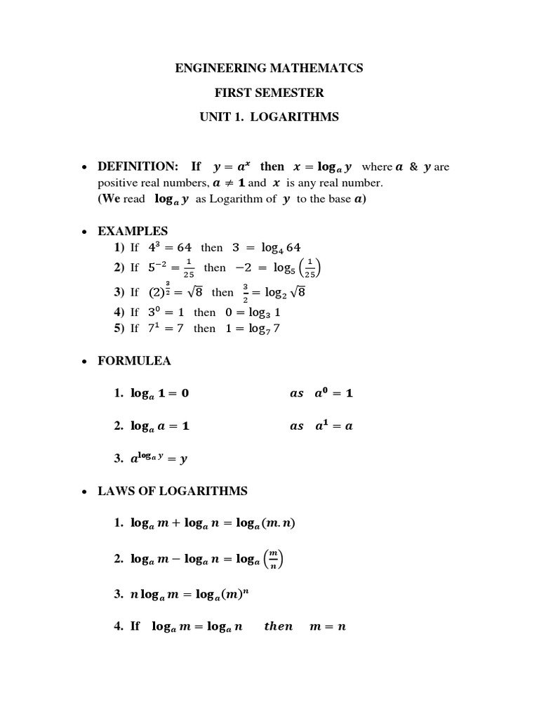 Engineering Mathematcs First Semester Unit 1. Logarithms | PDF | Square Root | Logarithm