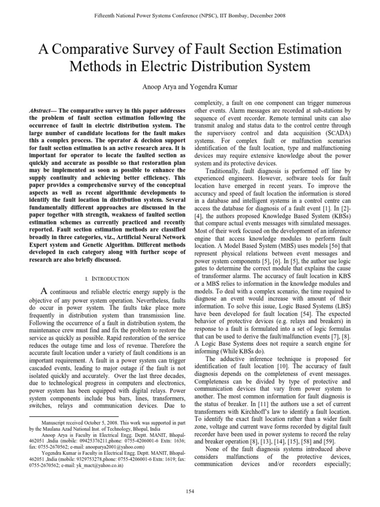 2008 A Comparative Survey Of Fault Section Estimation Pdf Systems