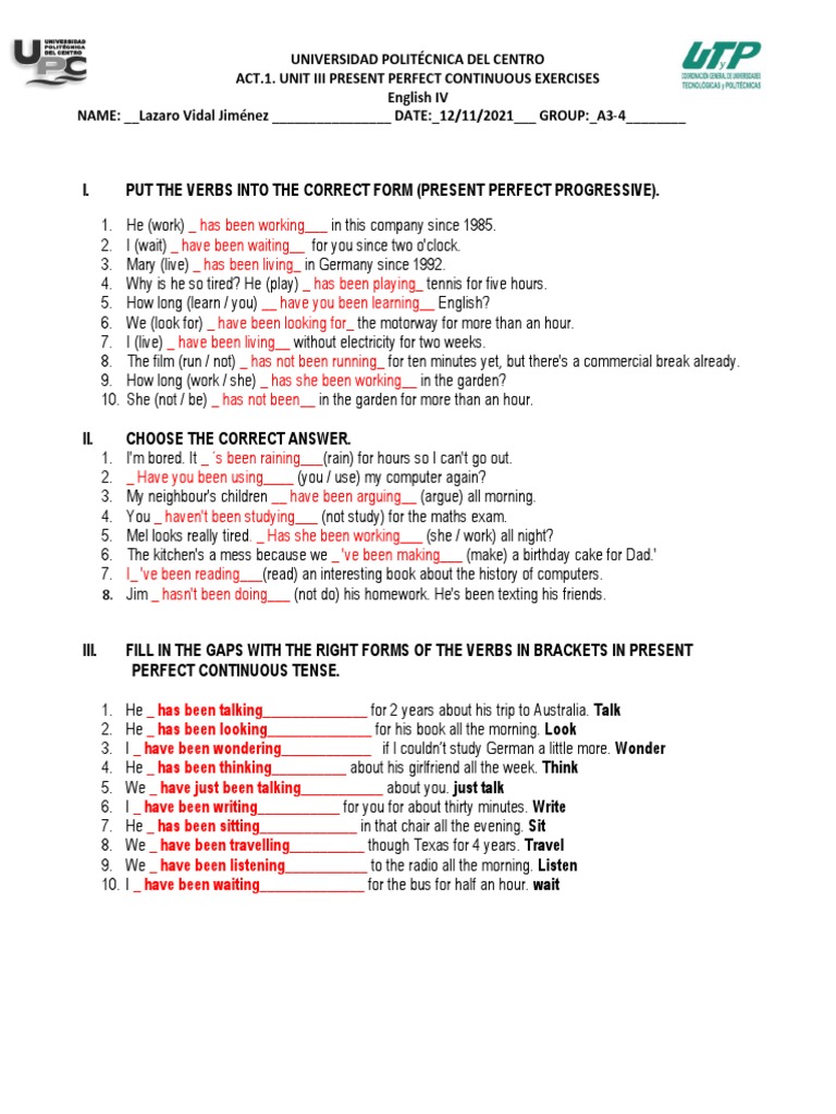 Act.1 Unit 3 Present Perfect Continuous | PDF | Grammar | Linguistics