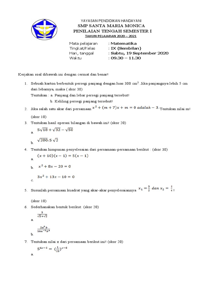 Jawaban Soal PTS Matematika Kelas 9 | PDF | Metode & Bahan Ajar