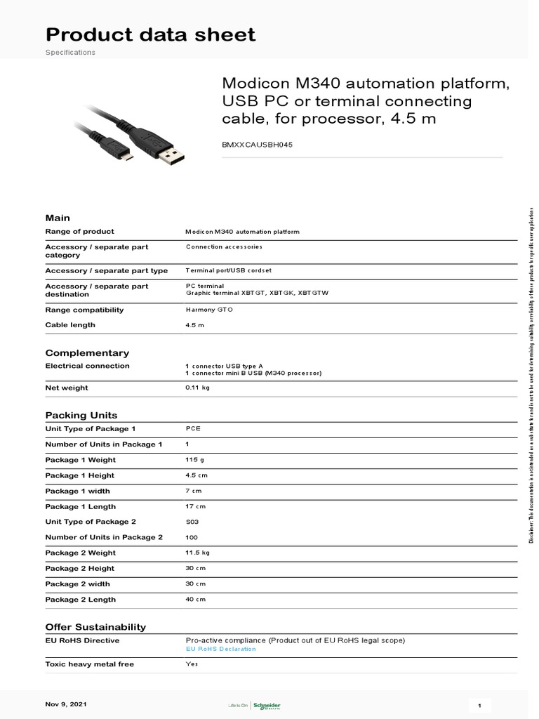 Modicon M340 USB Connection Cable | PDF | Usb | Electrical Connector