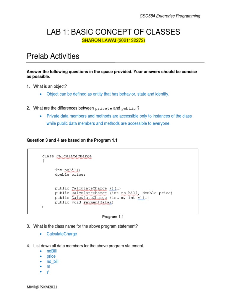 Lab 1: Basic Concept of Classes: SHARON LAWAI (2021132273) | PDF ...