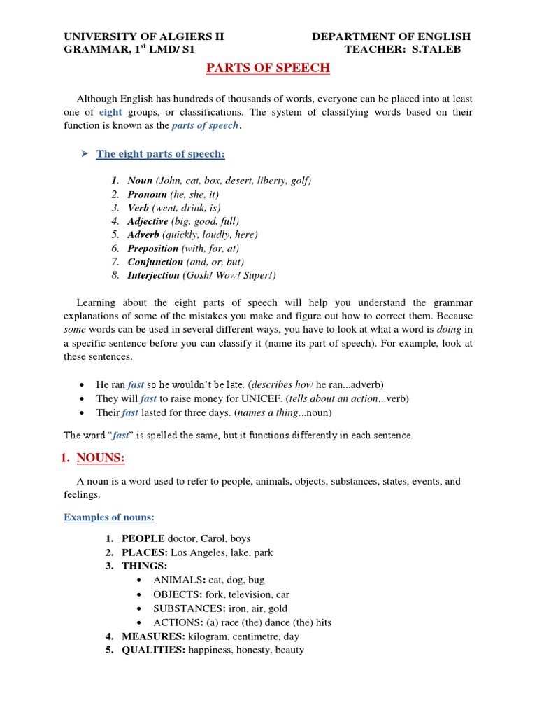 Parts of Speech Handout | PDF | Adverb | Part Of Speech