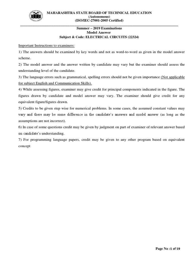 Model Answer Paper Summer 2019 | PDF | Electrical Network | Inductor