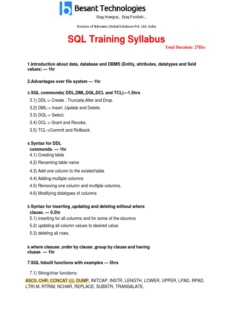 SQL Syllabus Besant Technologies | PDF | Relational Database | Sql