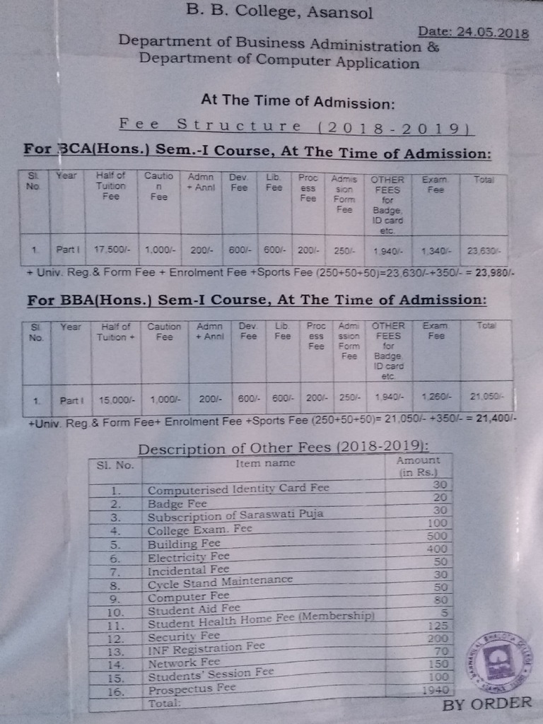 BBA Fee Structure 2018-21 | PDF | Services (Economics) | Payments