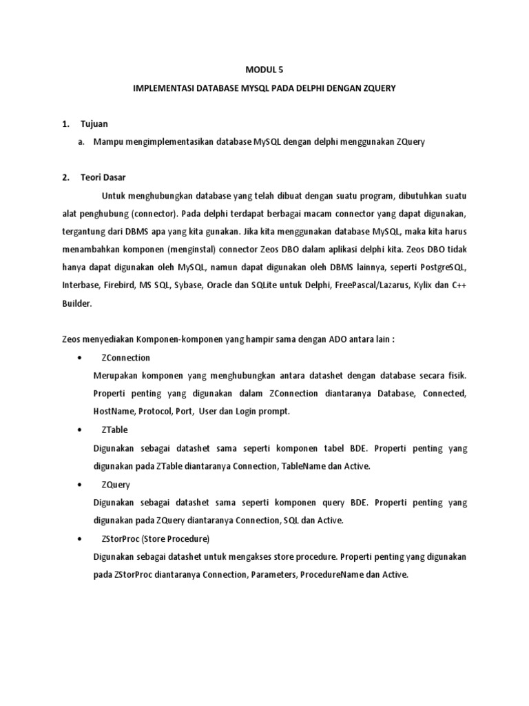 Praktikum 5 Implementasi Database Mysql Pada Delphi Dengan Zquery | PDF