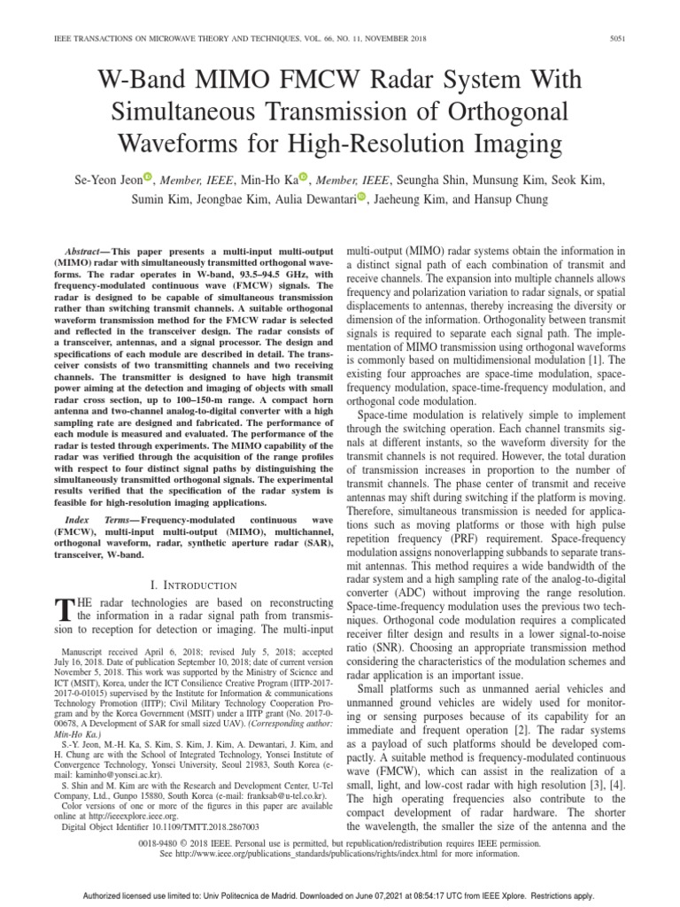 W-Band MIMO FMCW Radar System With Simultaneous Transmission of ...