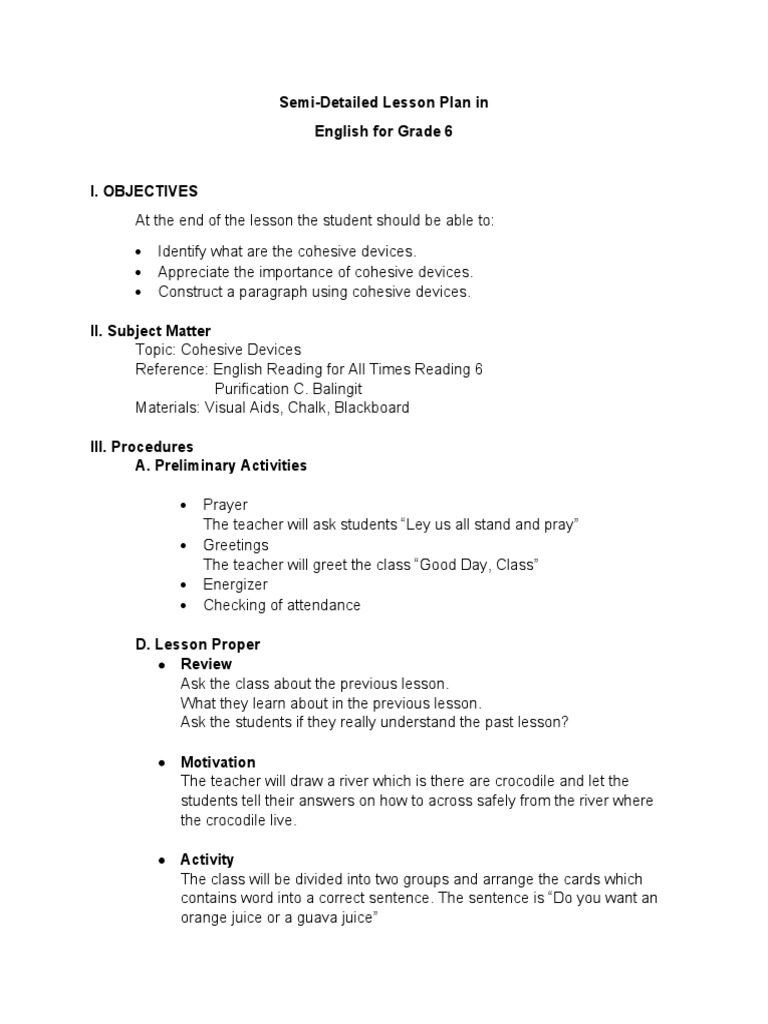 Semi-Detailed Lesson Plan | PDF | Lesson Plan | Sentence (Linguistics)