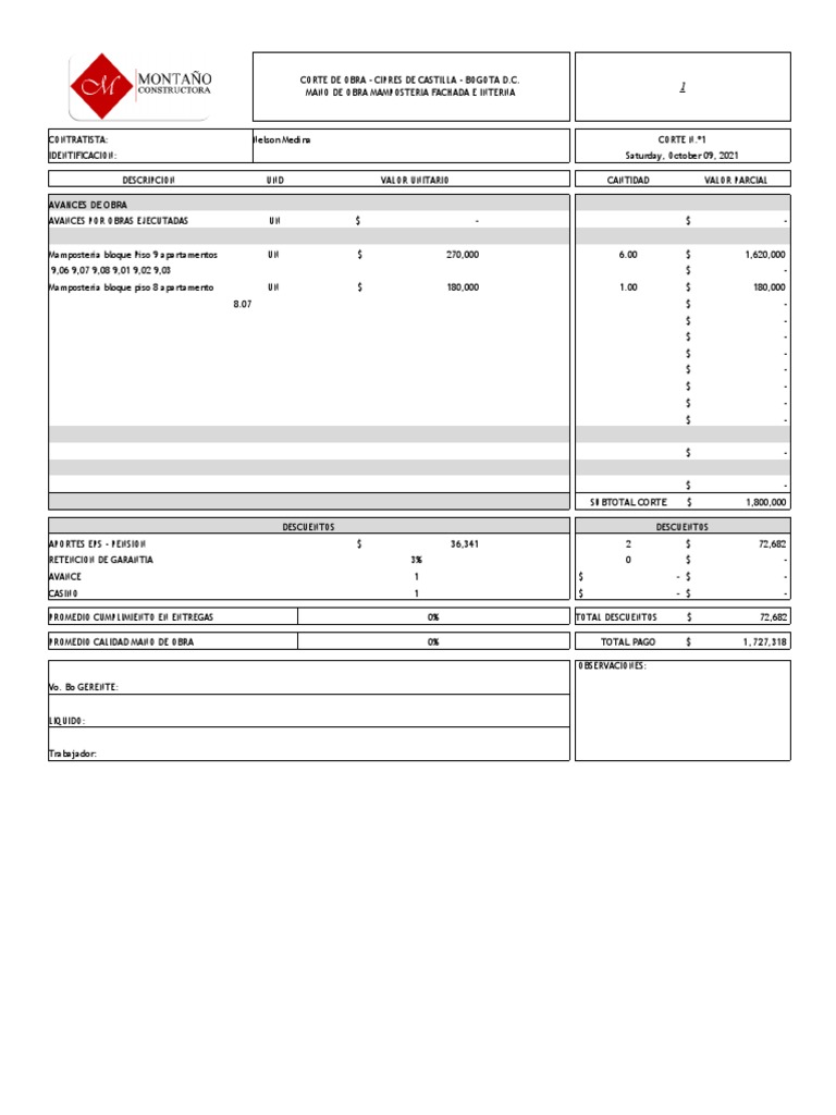 Formato Cortes de Obra A Contratista 7 | PDF