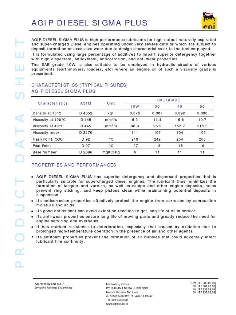 Characteristics (Typical Figures) Agip Diesel Sigma Plus | PDF ...