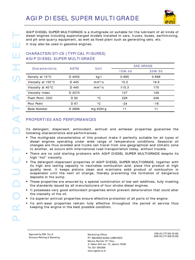 Agip Diesel Super Multi Grade | PDF | Motor Oil | Vehicle Technology