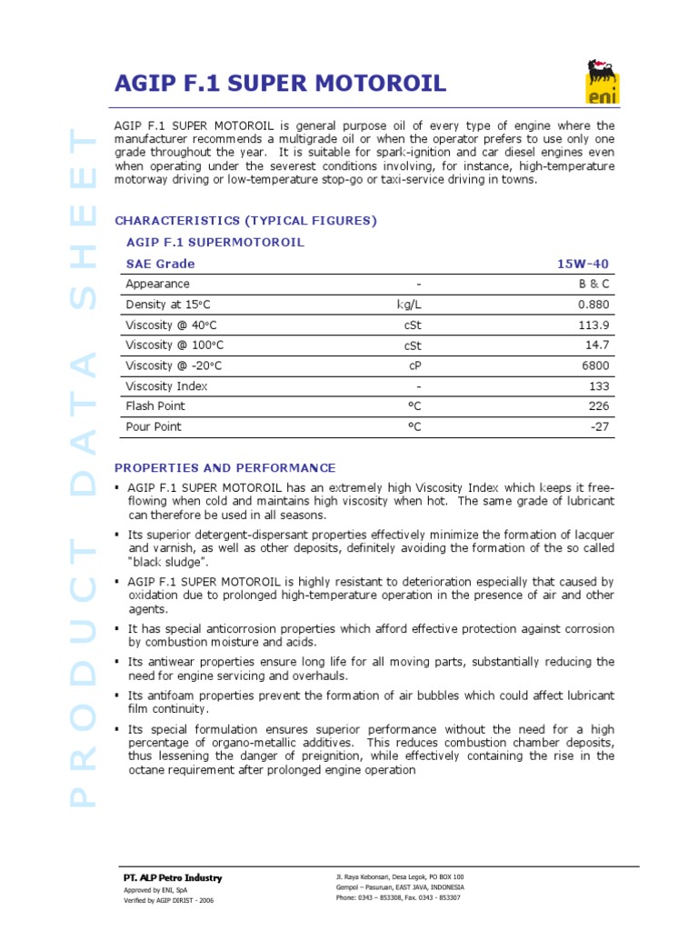 AGIP F.1 Super Motoroil: A High Performance 15W-40 Multigrade Engine ...