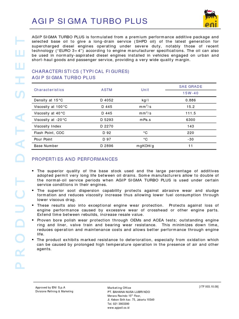 Agip Sigma Turbo Plus | PDF | Turbocharger | Diesel Engine