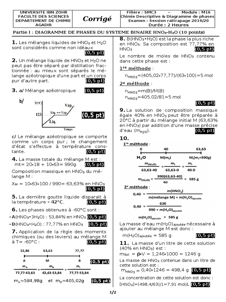 Corrigé Examen Chimie SMC3 | PDF | Diagramme de phase | Génie des procédés chimiques