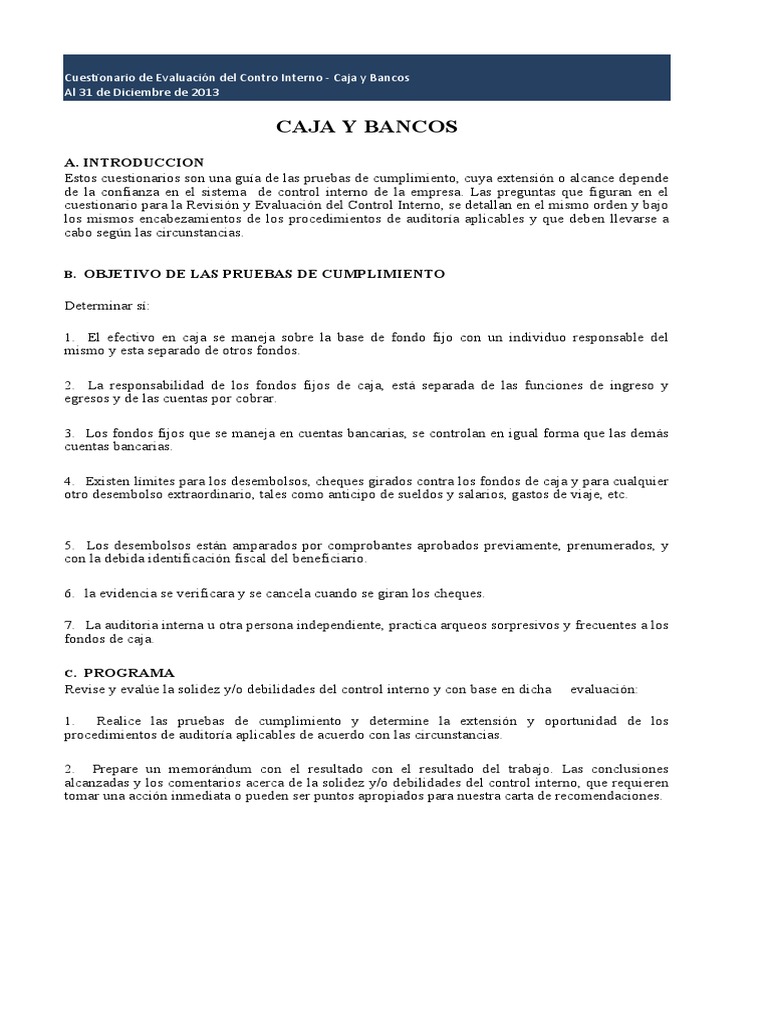 Evaluación Del Control Interno - Caja y Bancos | PDF | Cheque | Bancos