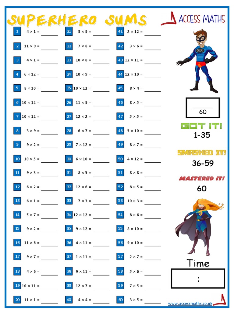 3-12 Times Tables - Superhero Sums | PDF