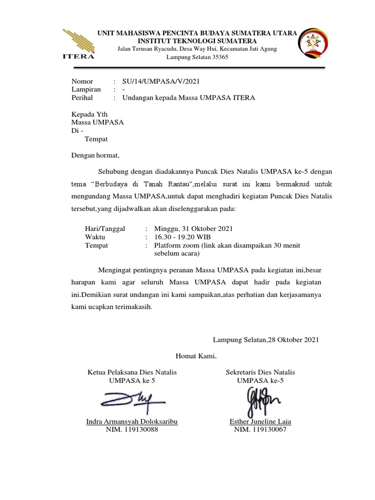 14-Surat Undangan Kepada Massa UMPASA ITERA | PDF