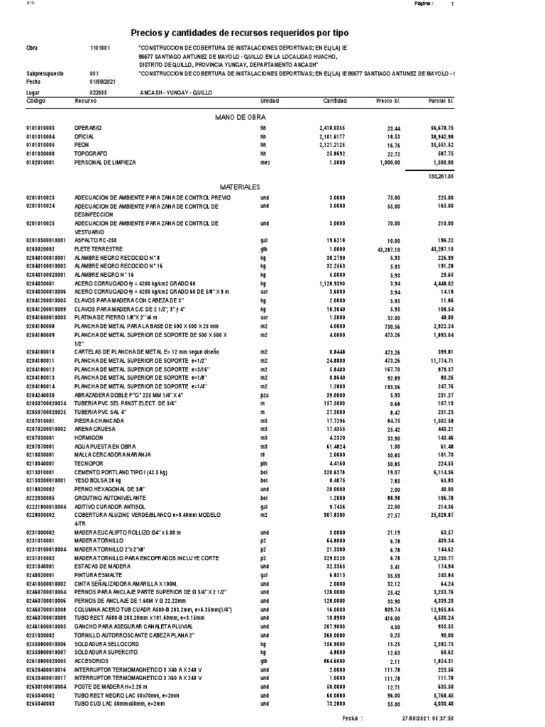Precioparticularinsumotipovtipo2 Ok | PDF | Materiales de construcción