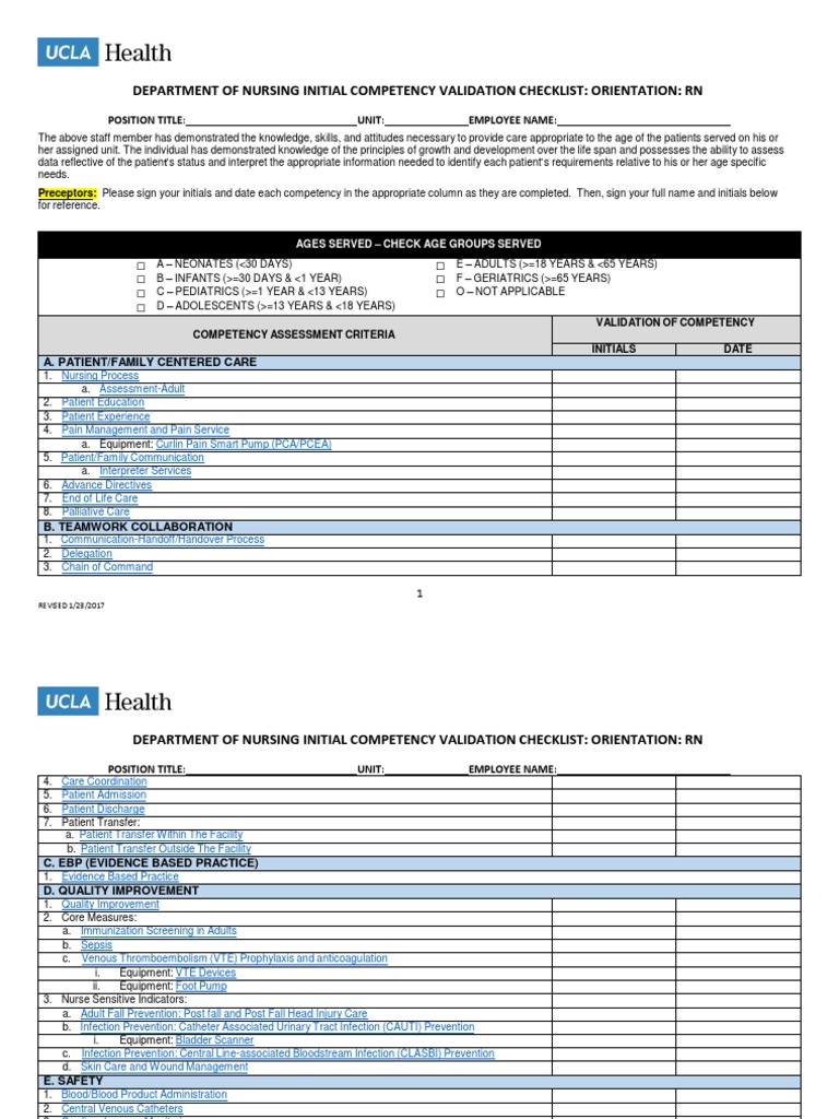 Department of Nursing Initial Competency Validation Checklist ...