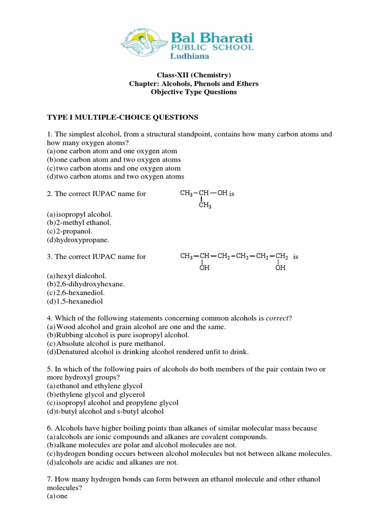Class-XII (Chemistry) Chapter: Alcohols, Phenols and Ethers Objective ...