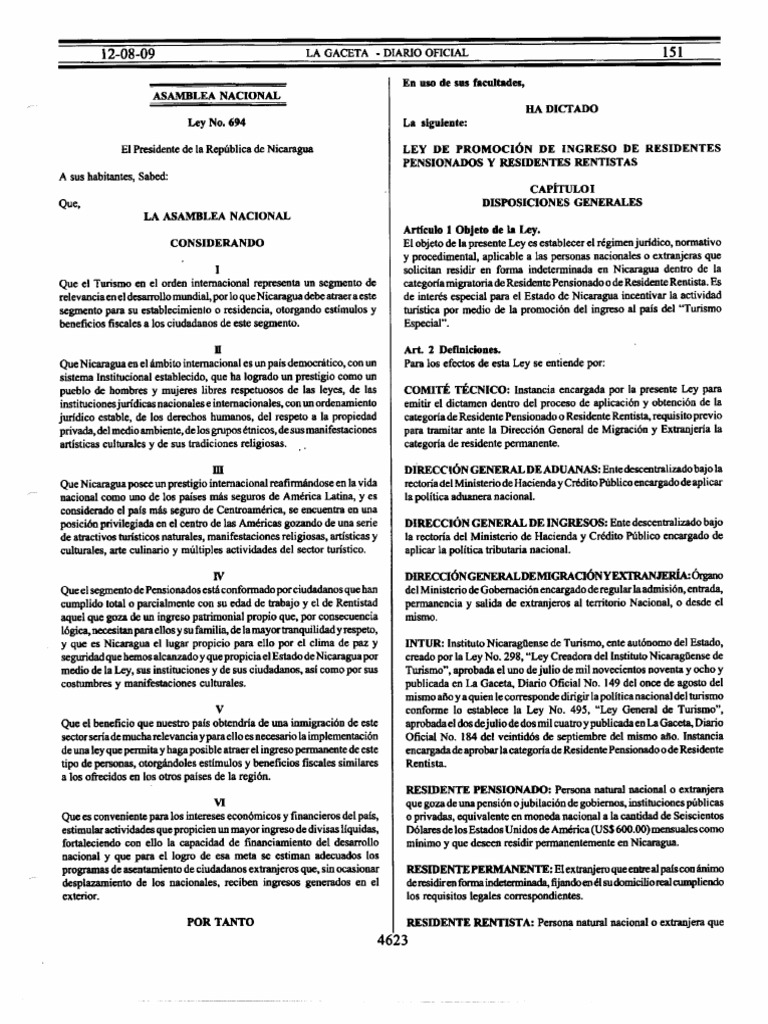Ley No. 694, Ley de Promocion de Ingreso de Pensionados Residentes | PDF
