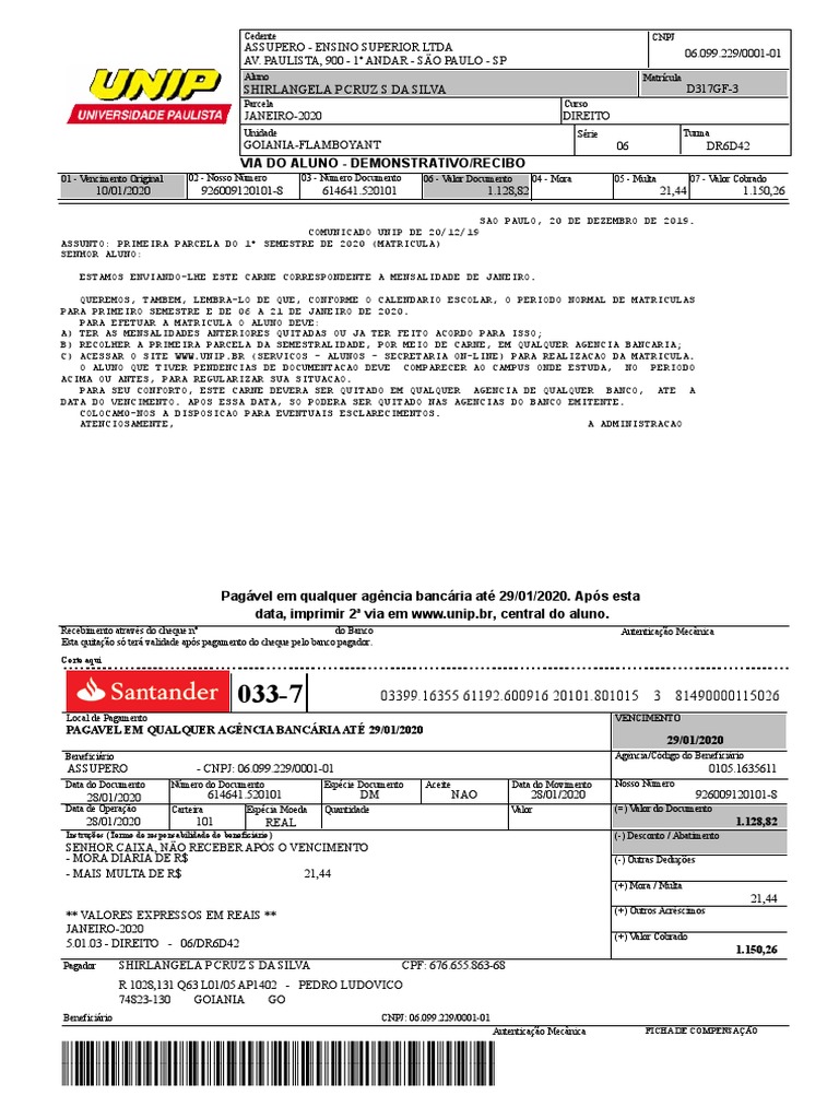 Boleto Mat Unip 2020 | PDF | Exame | Dinheiro