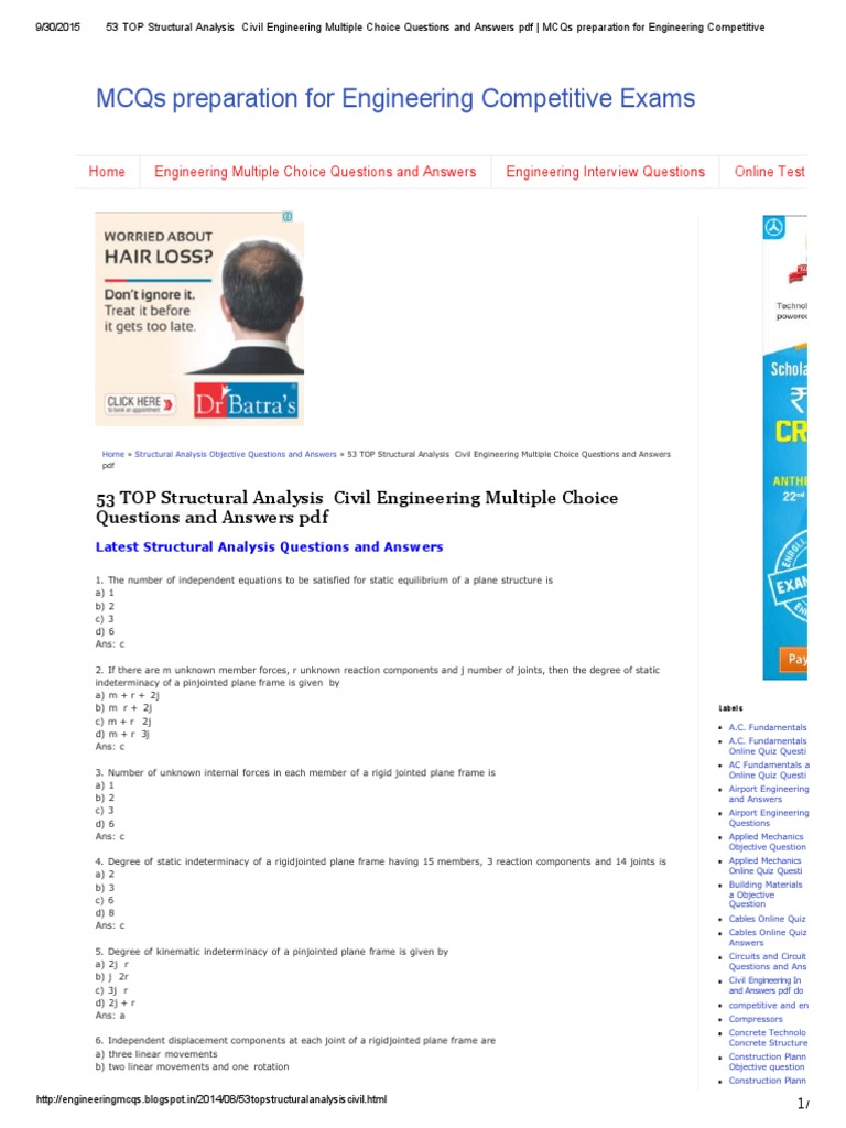 Top Structural Analysis MCQs for Exams | PDF | Stiffness | Matrix ...