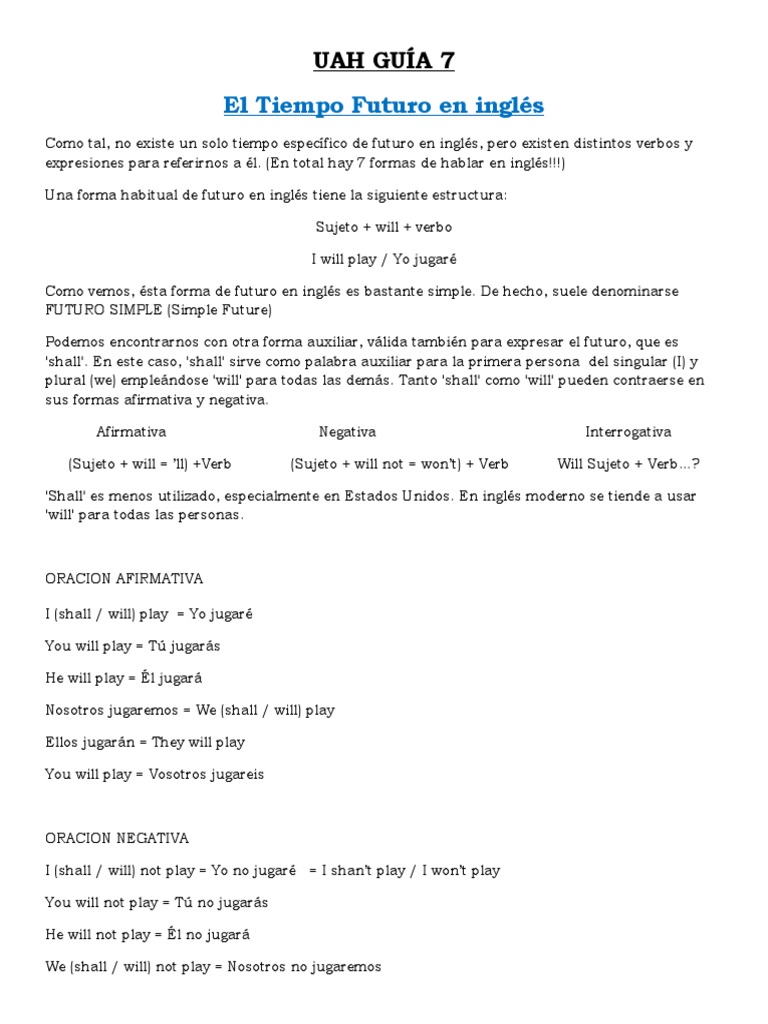 UAH Guia 7 El Tiempo Futuro en Inglés | PDF | Asunto (gramática ...
