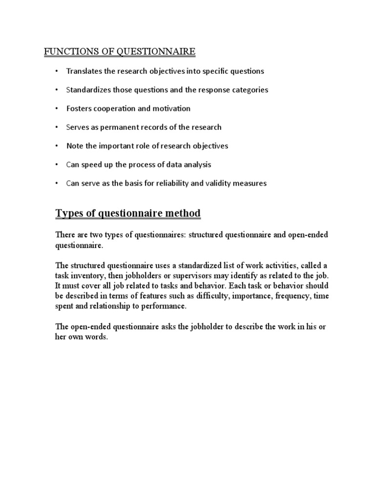Functions of Questionnaire | Download Free PDF | Questionnaire | Survey Methodology