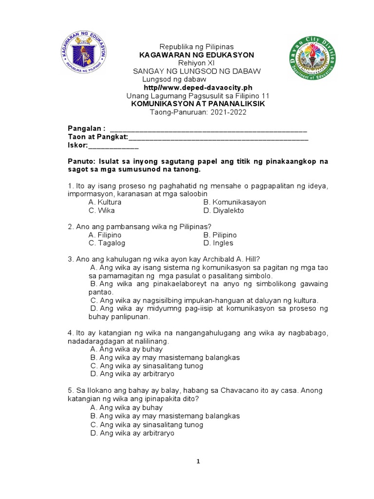 Filipino 11 (Summative Test) | PDF