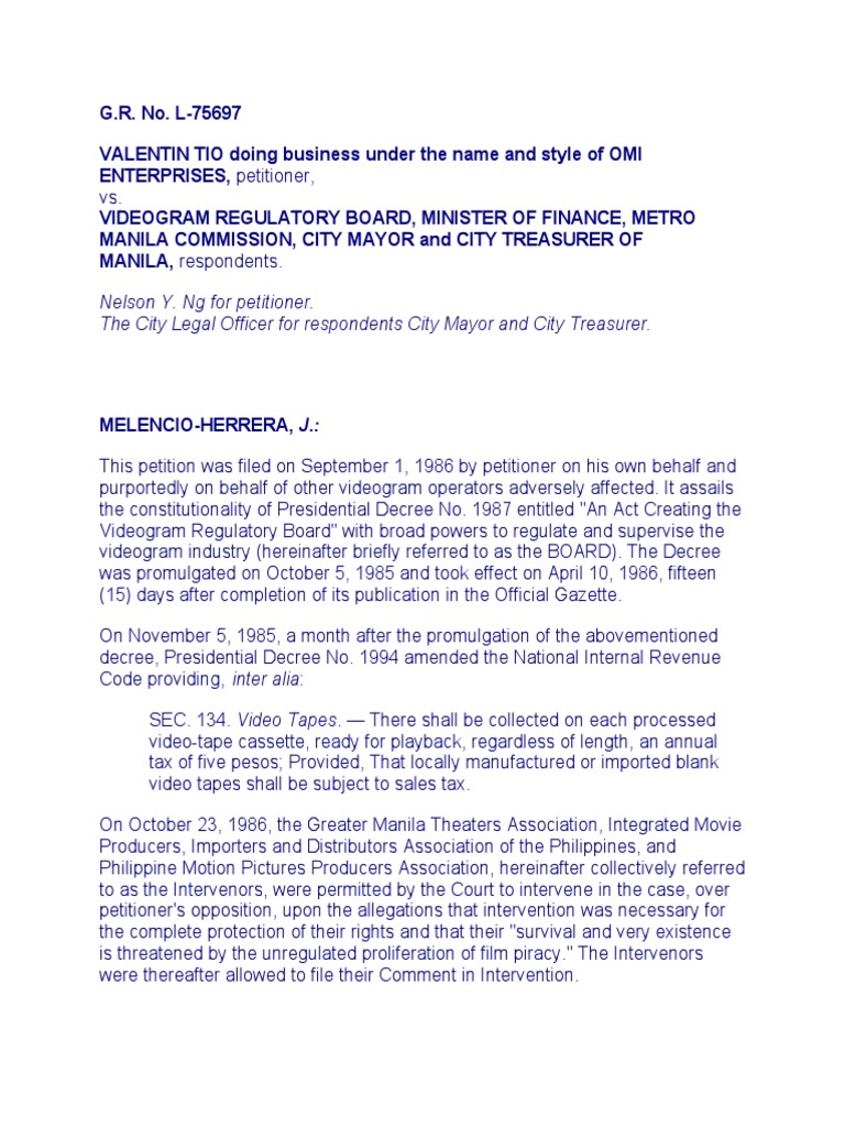 Valentin Tio v. Videogram Regulatory Board, 151 Scra 208 | PDF | Taxes ...