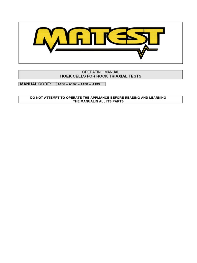 Hoek Cells For Rock Triaxial Tests Manual Code | PDF | Pressure | Machines
