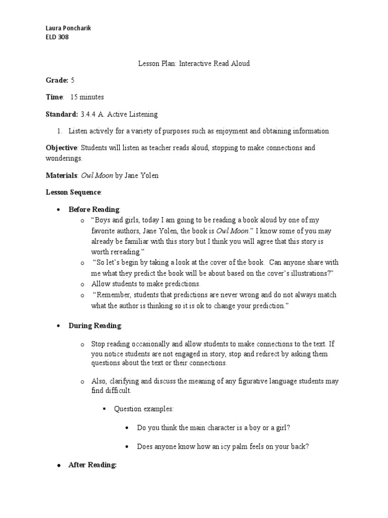 Lesson Plan - Owl Moon Interactive Read Aloud | PDF